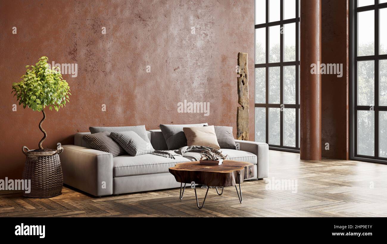 Modern beautiful interior with columns, colored wall and stylish furniture. Bright loft design ...