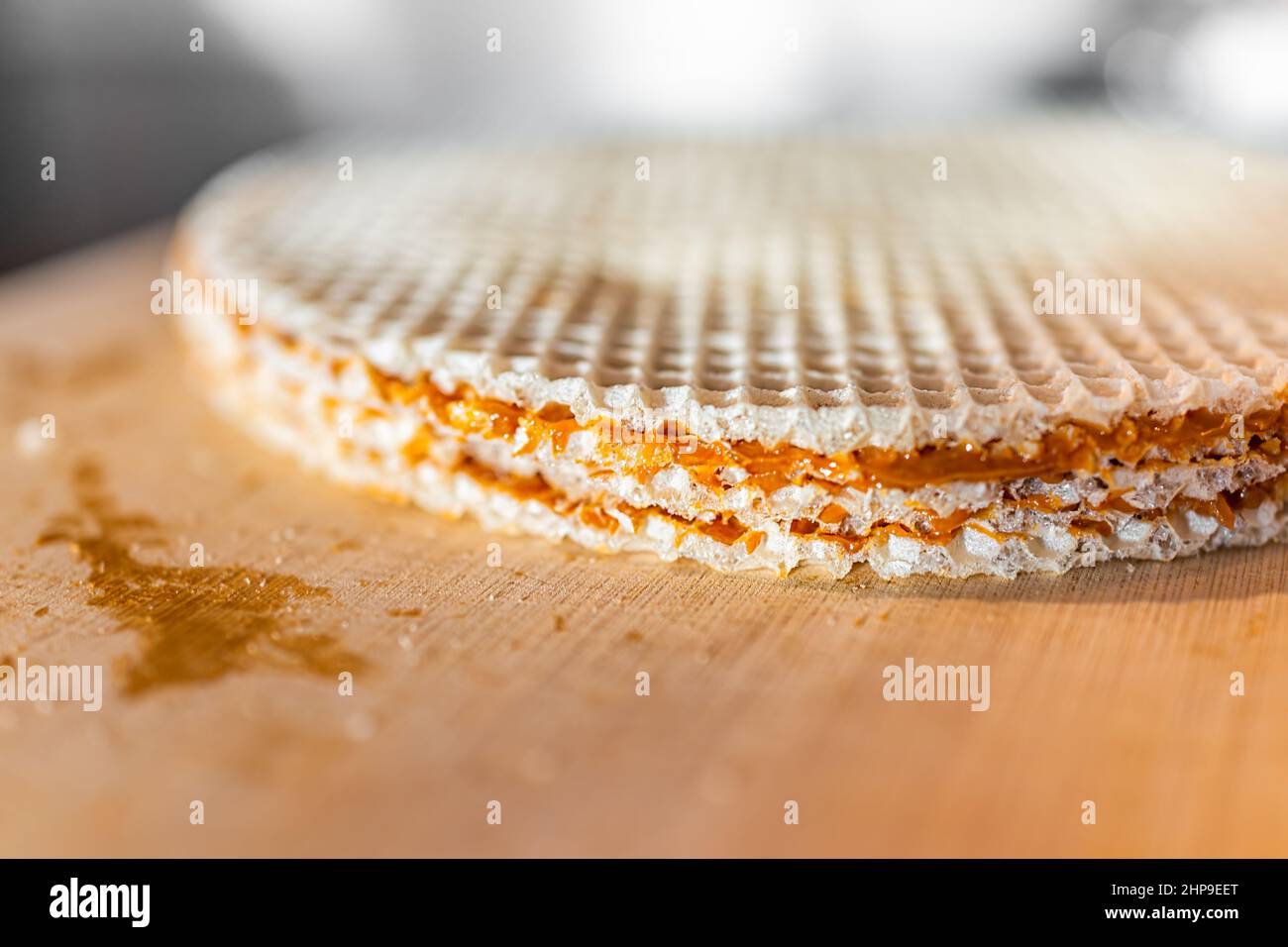 Closeup of stack of wafer sheets with filling layers of sweet dessert ...