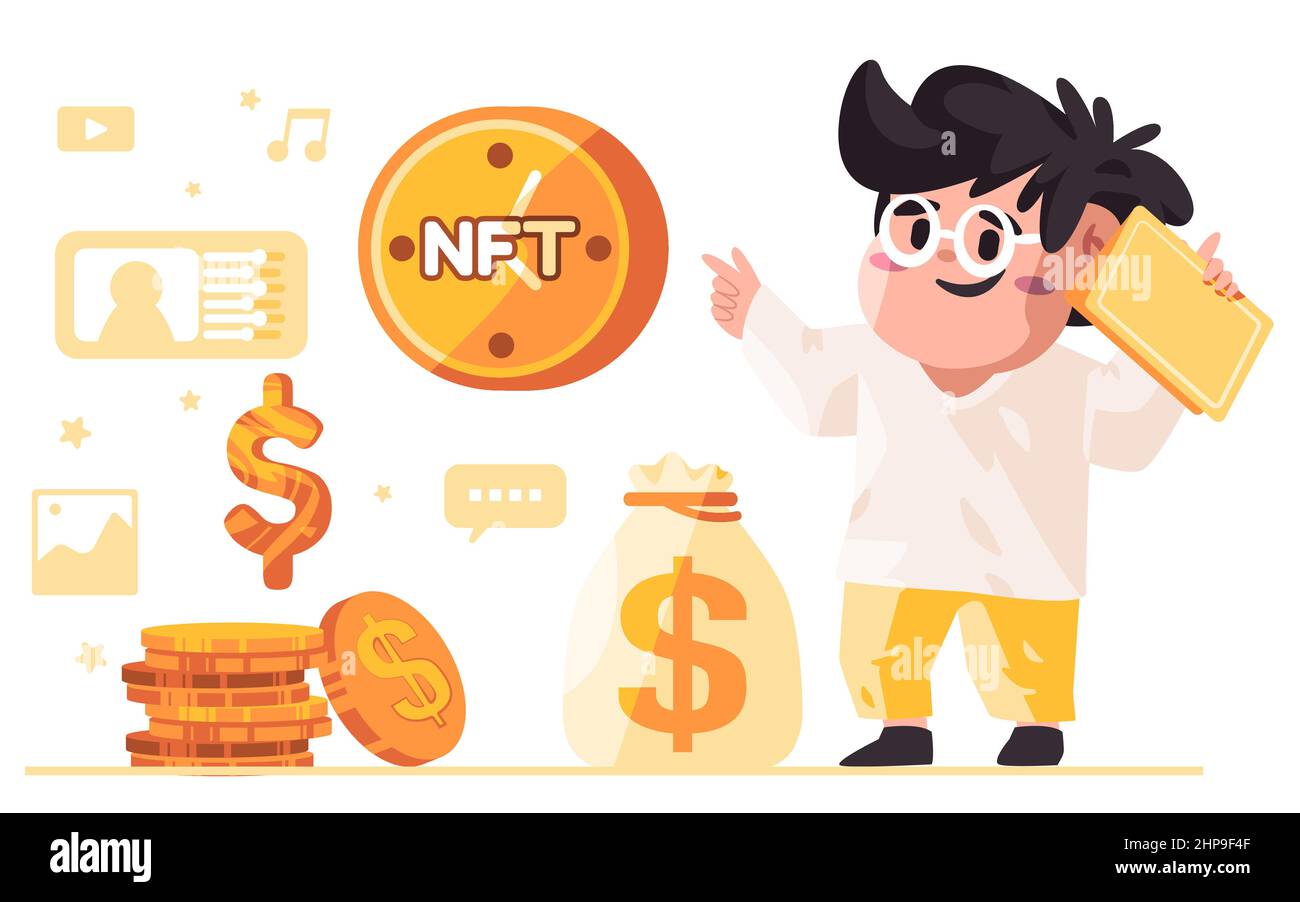 NFT non fungible token business coin man talking presenting shows lot ...