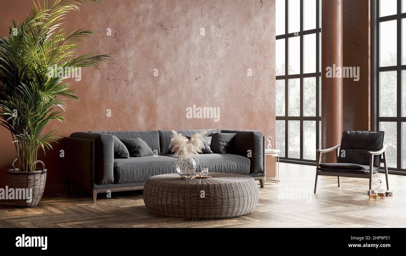 Modern beautiful interior with columns, colored wall and stylish furniture. Bright loft design ...