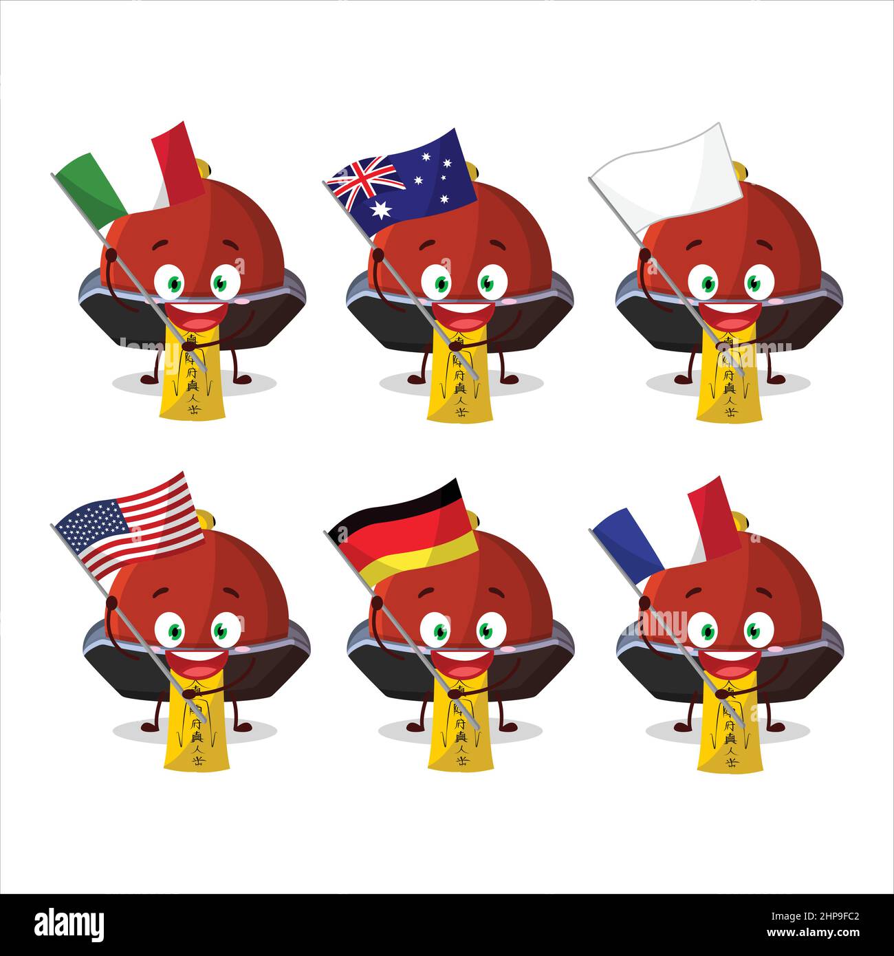 Red vampire hat cartoon character bring the flags of various countries ...