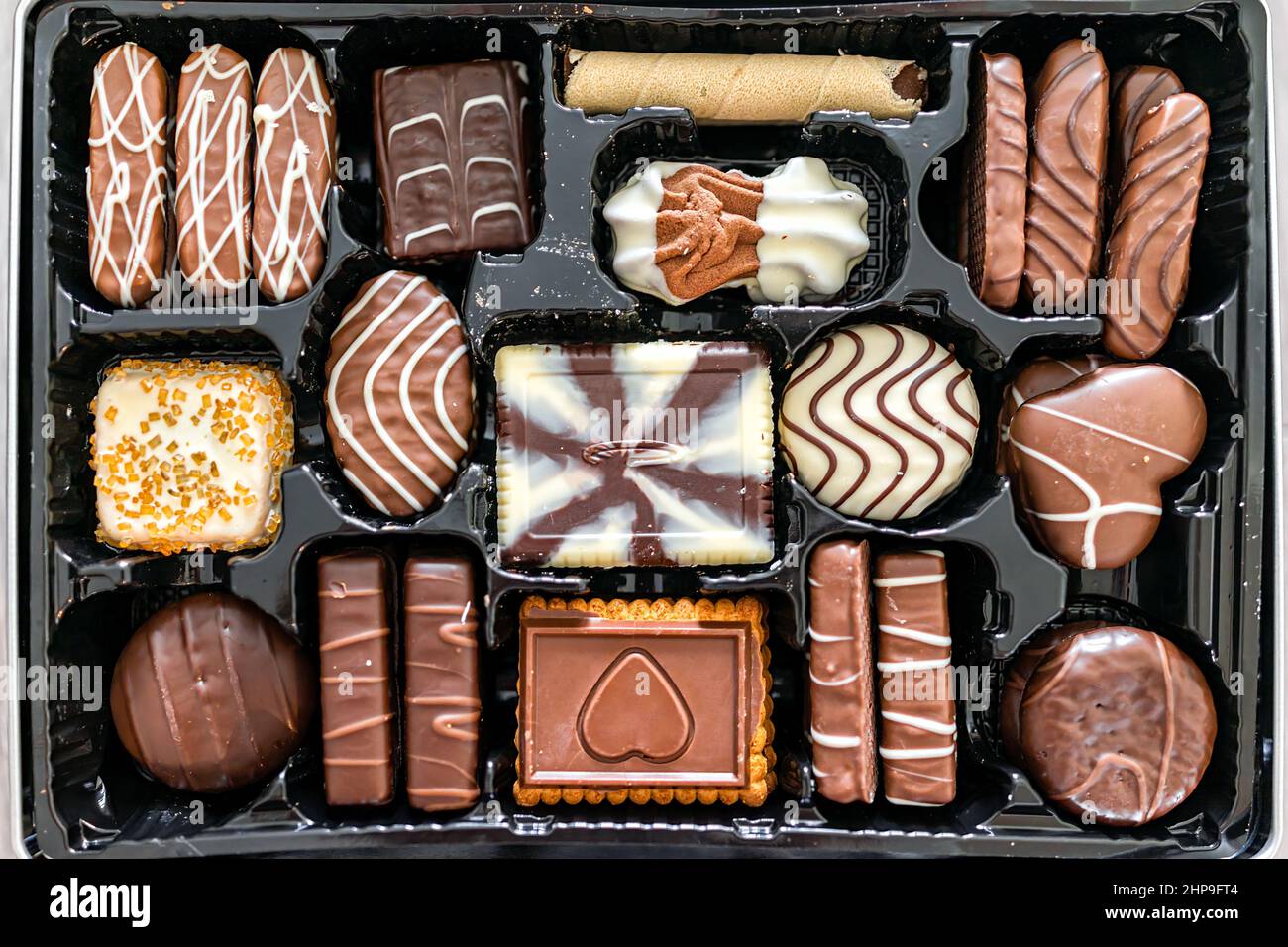 Box of European chocolates truffles gourmet milk white and dark sweets ...