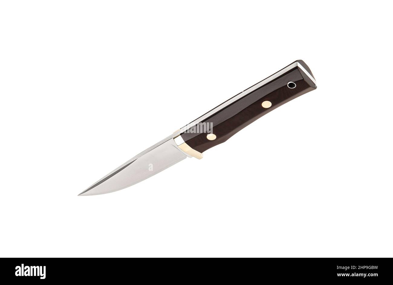 Modern hunting knife with silver blade and rubber handle. Steel arms ...