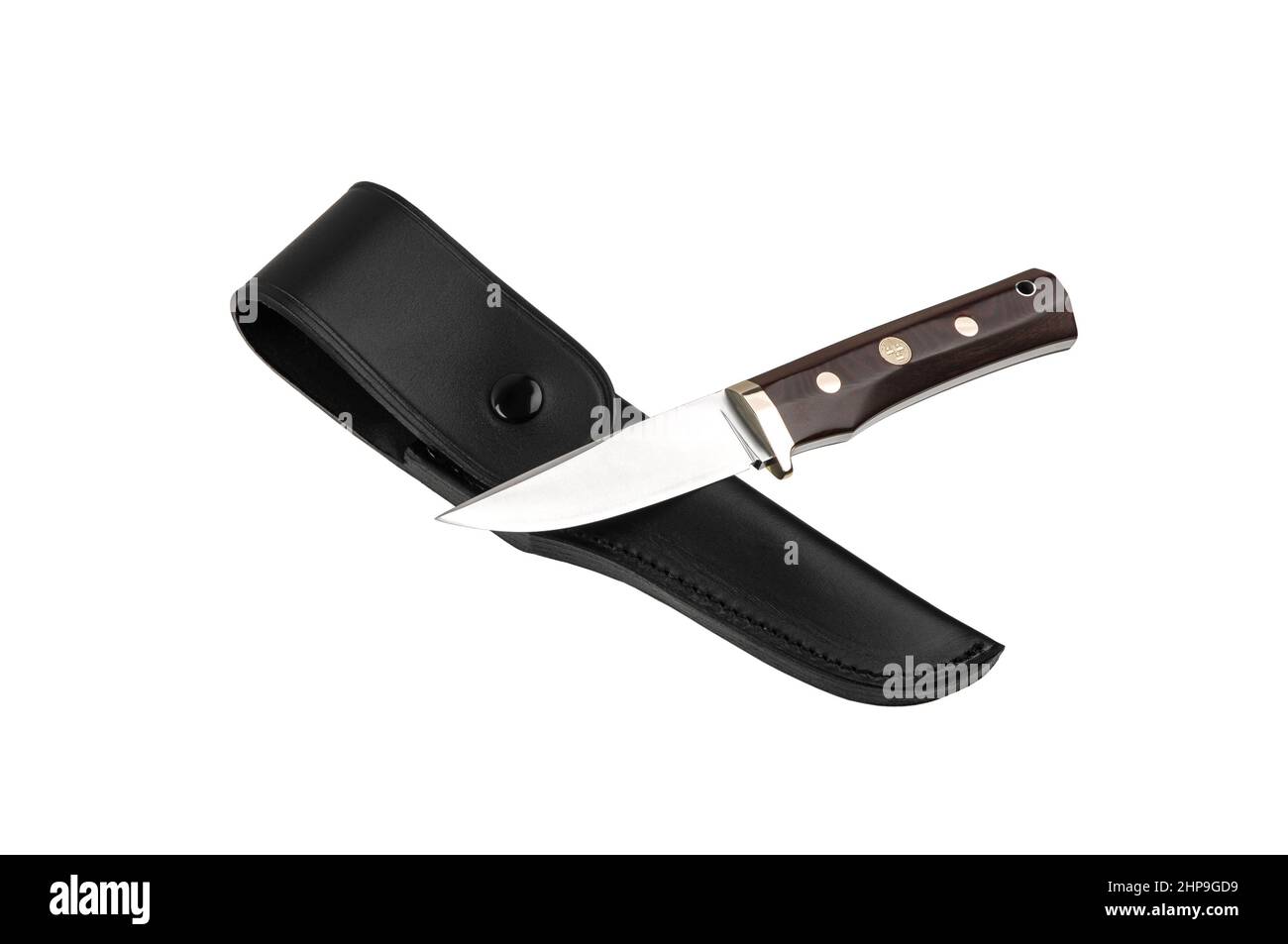 Modern hunting knife with silver blade and rubber handle. Steel arms ...