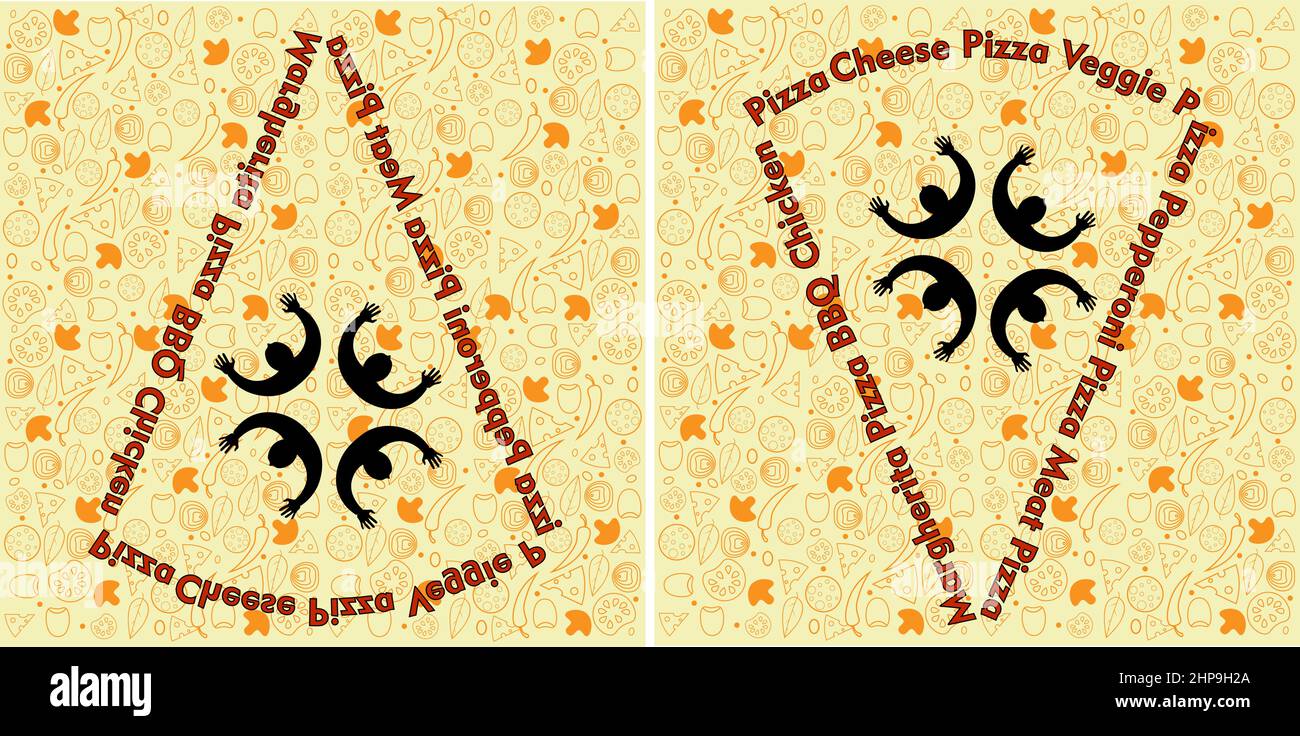 abstract minimal pizza logo made of inscriptions and people on the ...