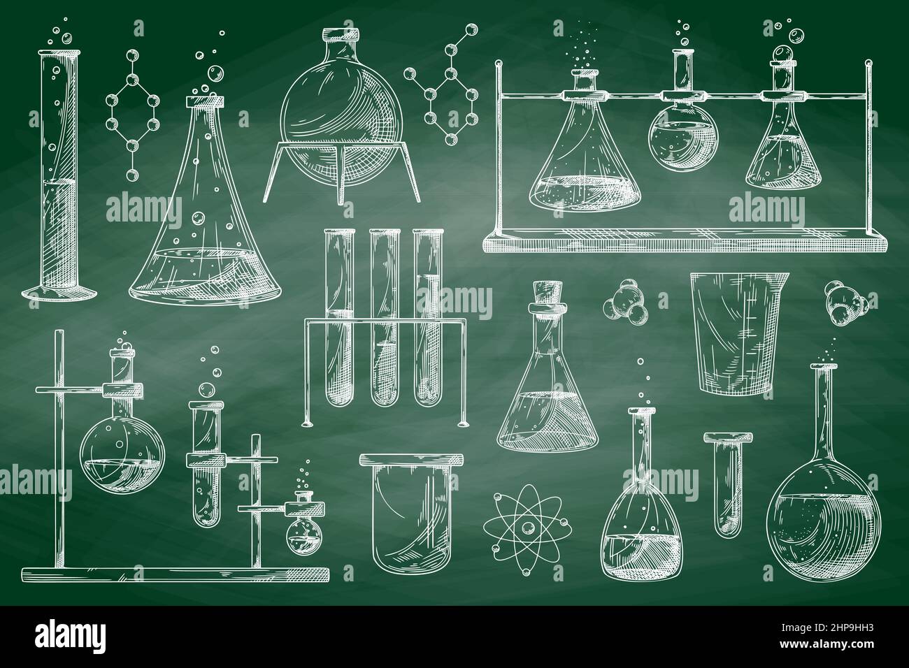 Set of different pharmaceutical flasks, beakers and test tubes. Sketch ...