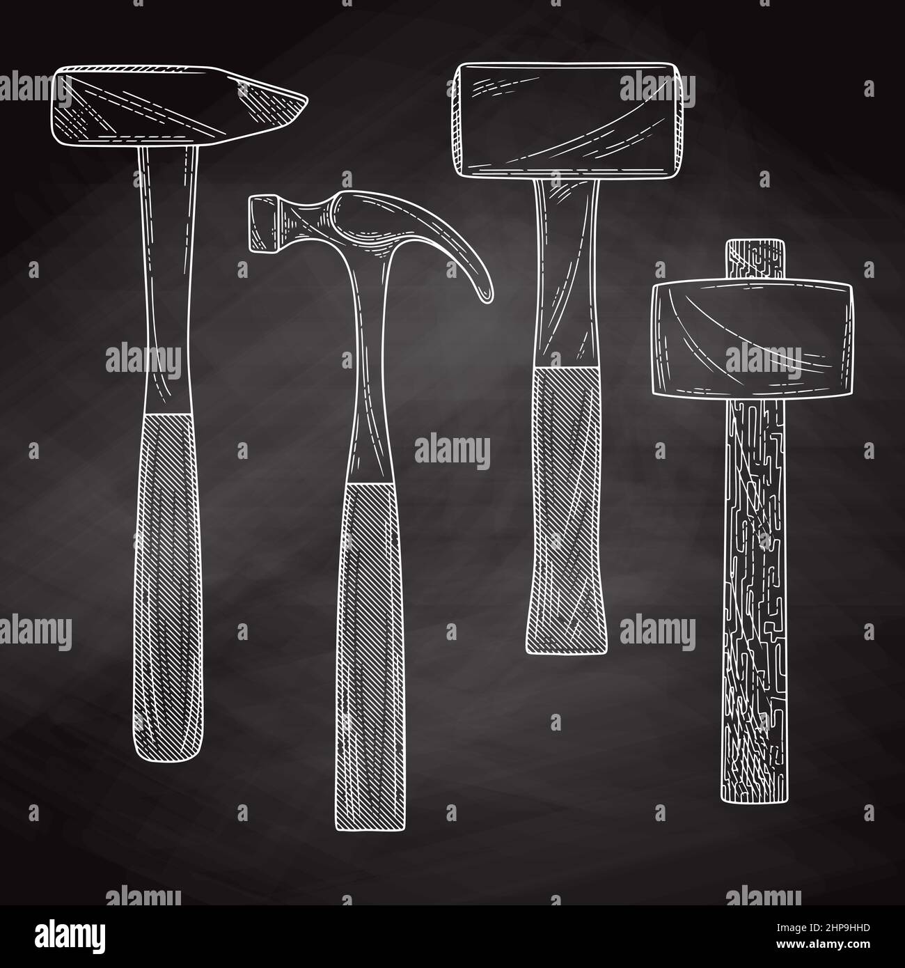 Set of different hammers. Hammers isolated on a blackboard. Vector ...