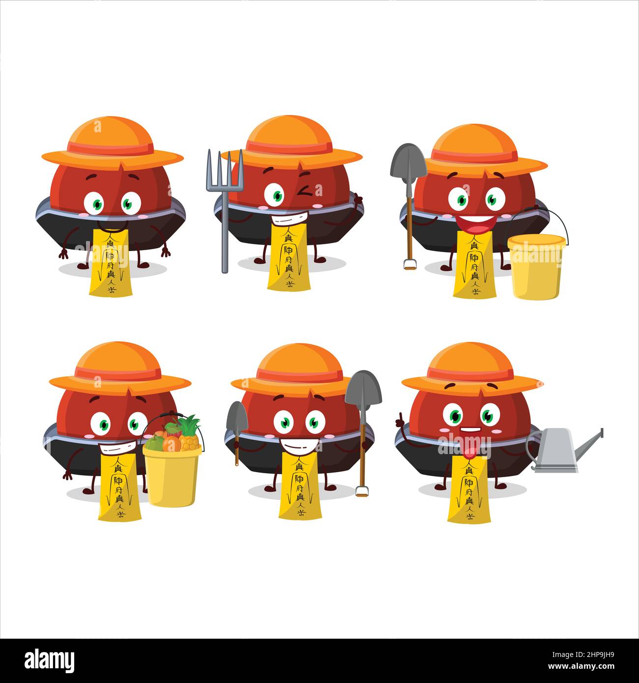 Farmer red vampire hat cute mascot character with fork. Vector ...