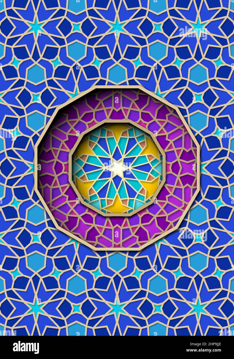 Arabic ornament with girih patterns and round frame element with star ...