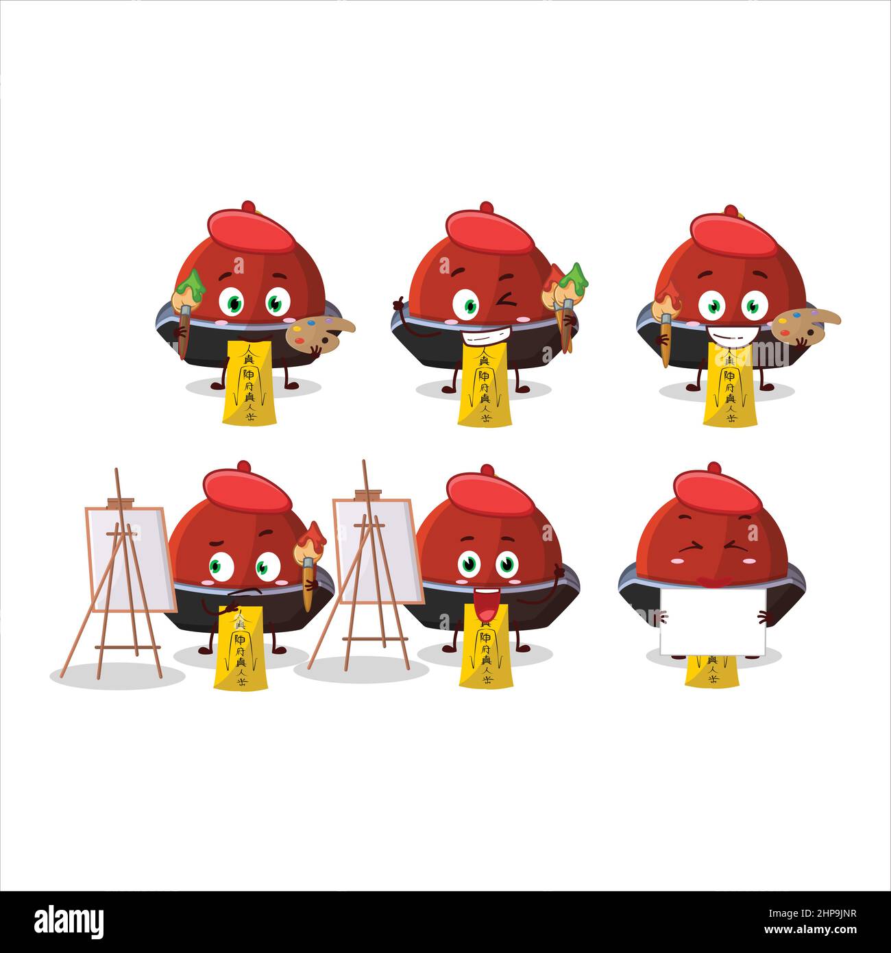 Artistic Artist of red vampire hat cartoon character painting with a ...