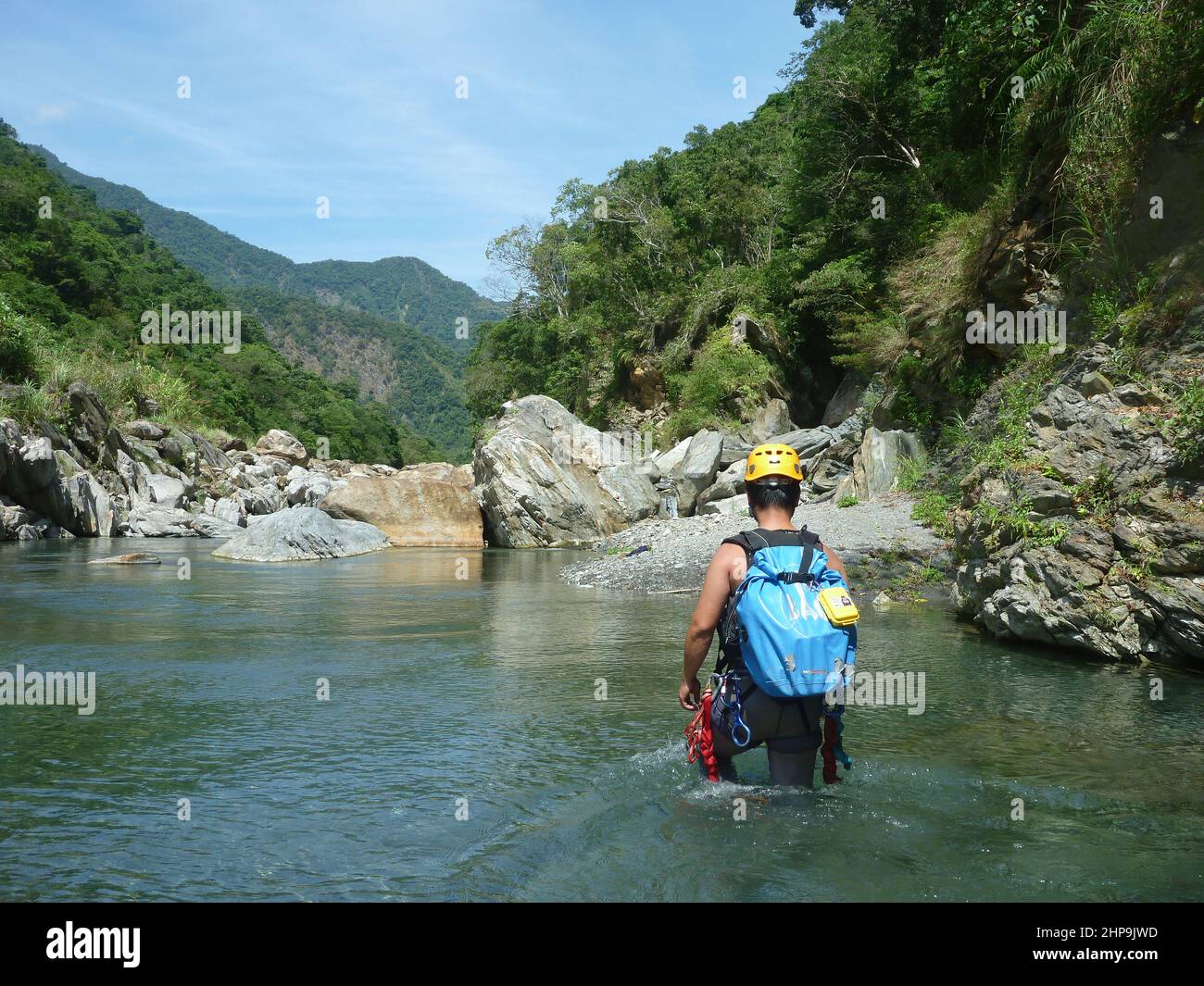 Sunny view of the landscape during a river tracing event at Yilan ...