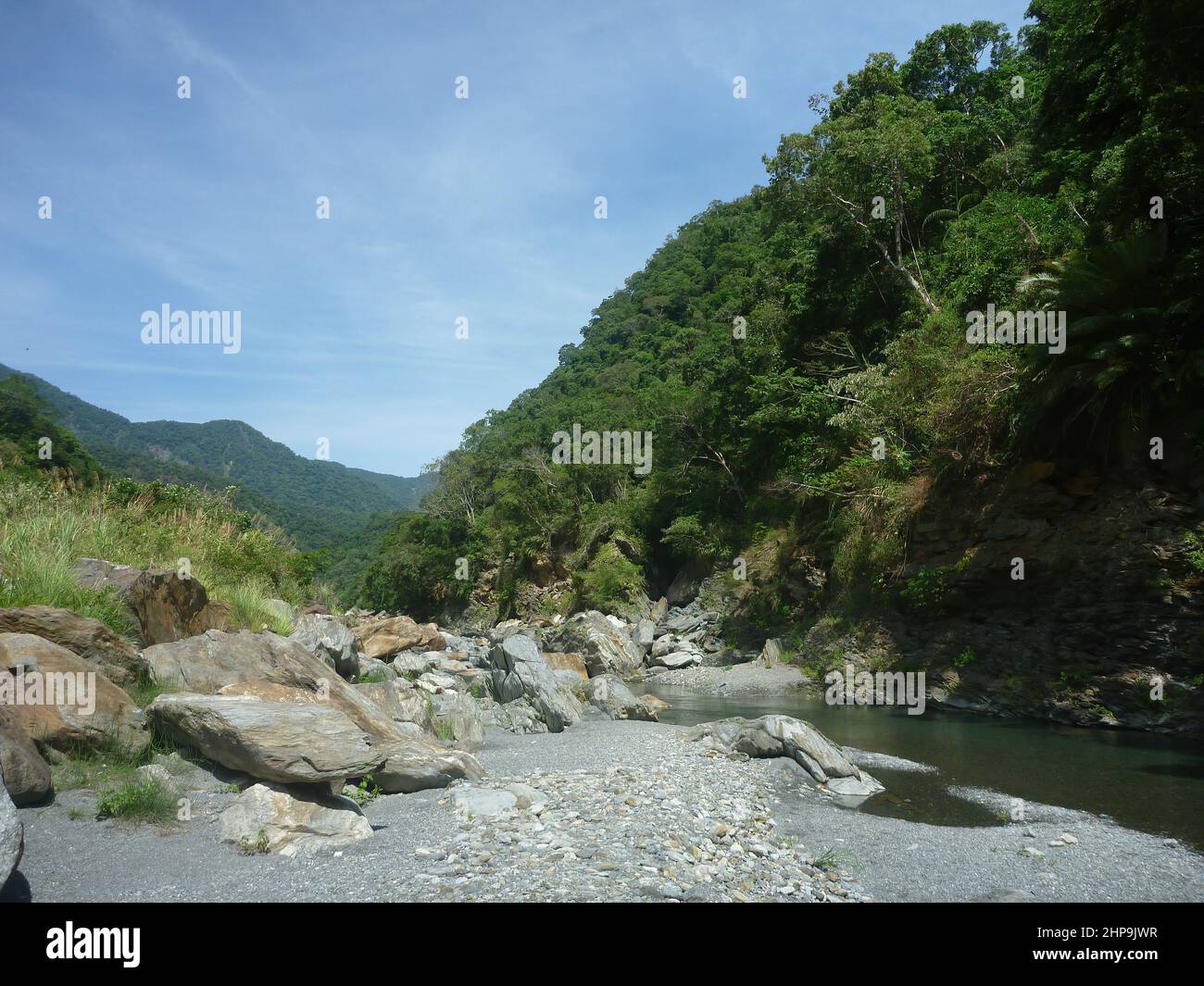 Sunny view of the landscape during a river tracing event at Yilan ...