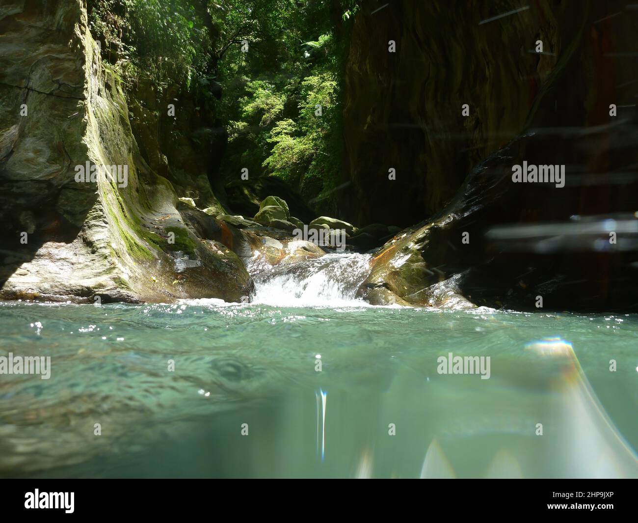 Sunny view of the landscape during a river tracing event at Yilan ...