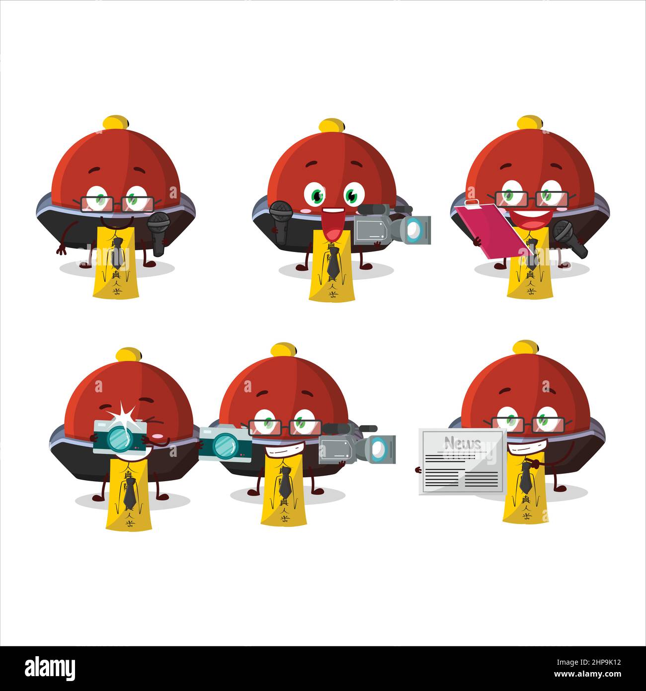 Character reporter red vampire hat cute mascot with microphone. Vector ...