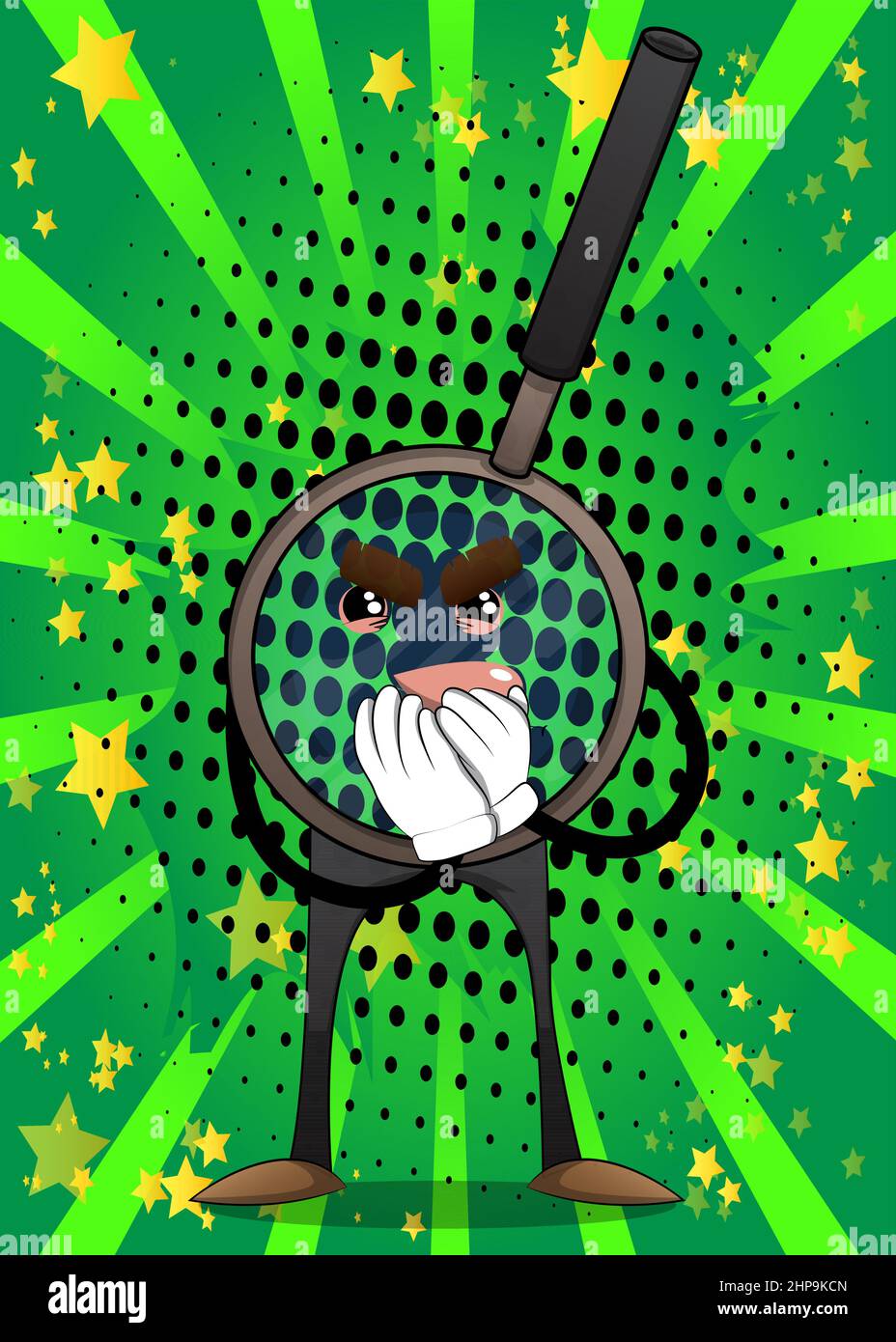 Magnifier with hands over mouth. Cartoon Character science research ...