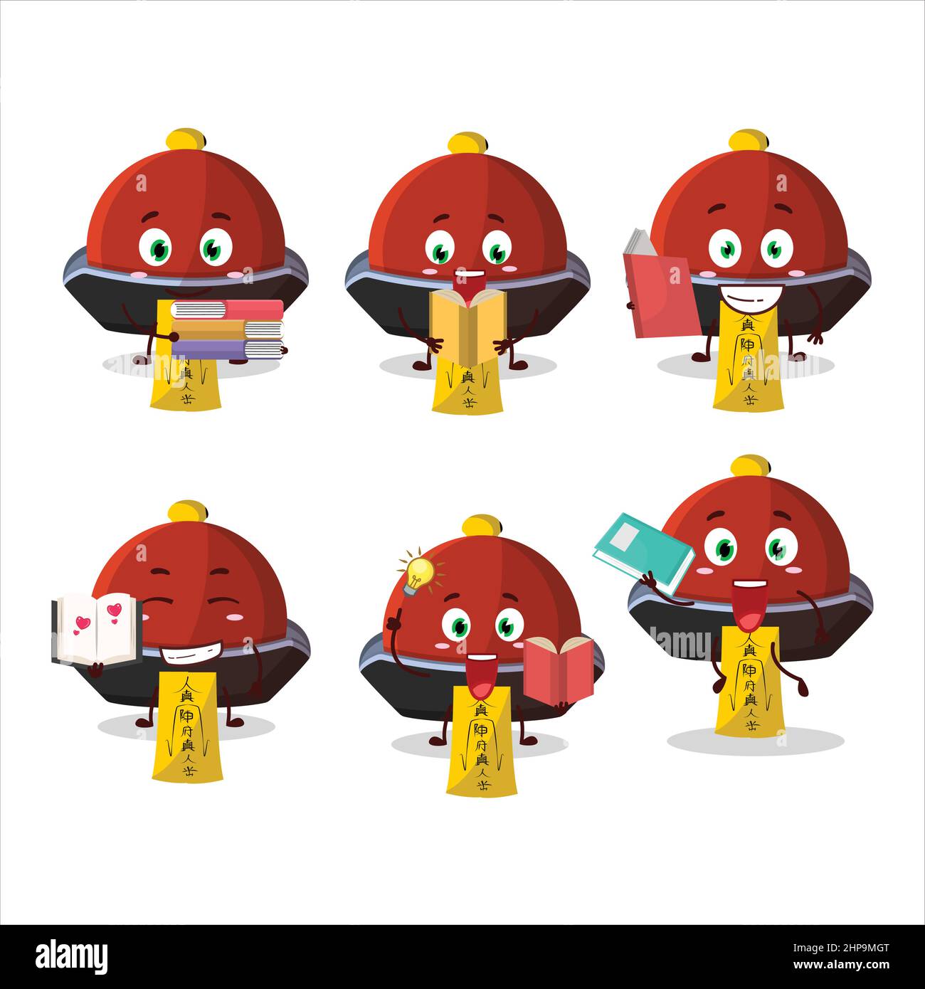 A picture of red vampire hat cartoon character concept reading an ...