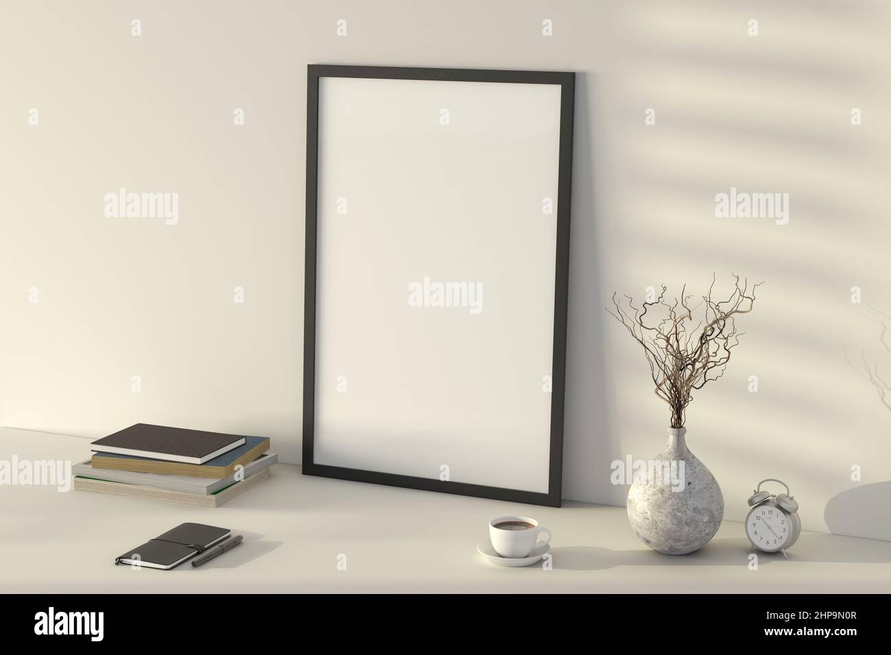 Vertical black picture poster frame mock up. Cup of coffee, books, vase ...