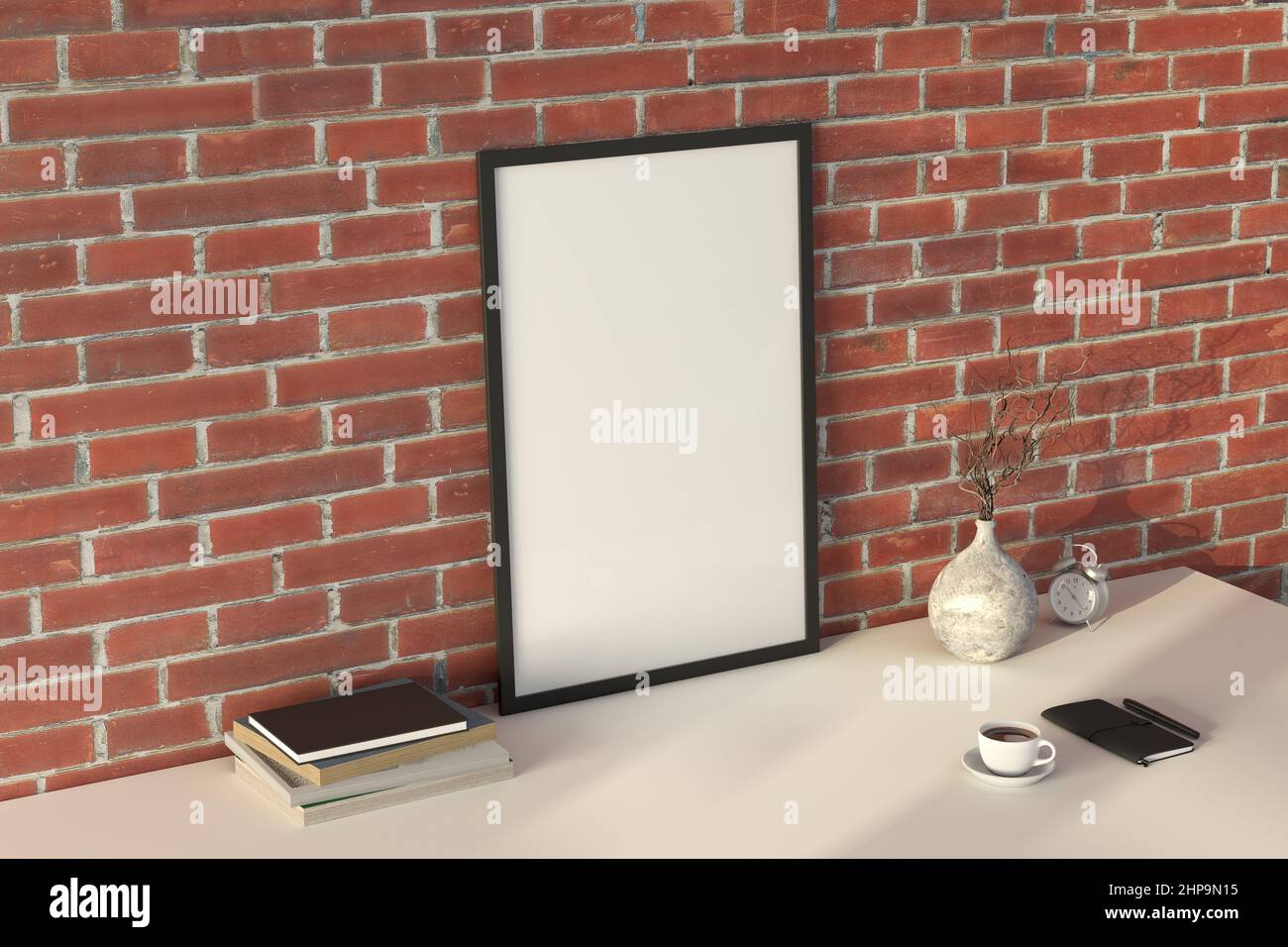 Vertical black picture poster frame mock up. Cup of coffee, books, vase ...