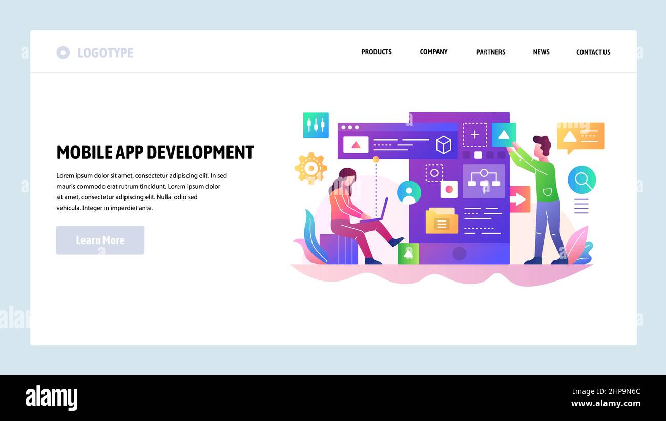 Vector web site design template. Mobile app development team ...