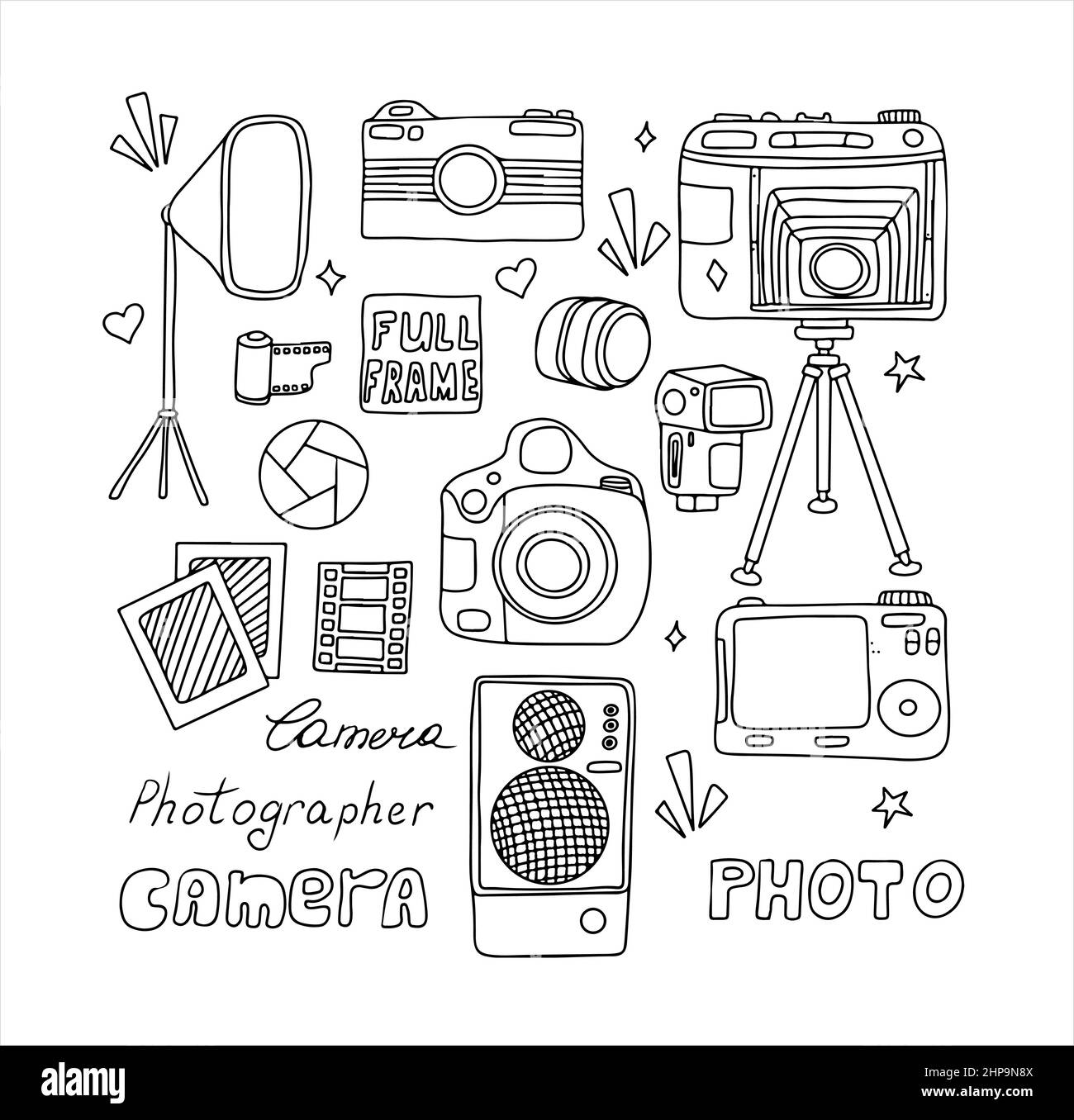 Vector photo cameras sketch set. Hand drawn style. Different types of ...