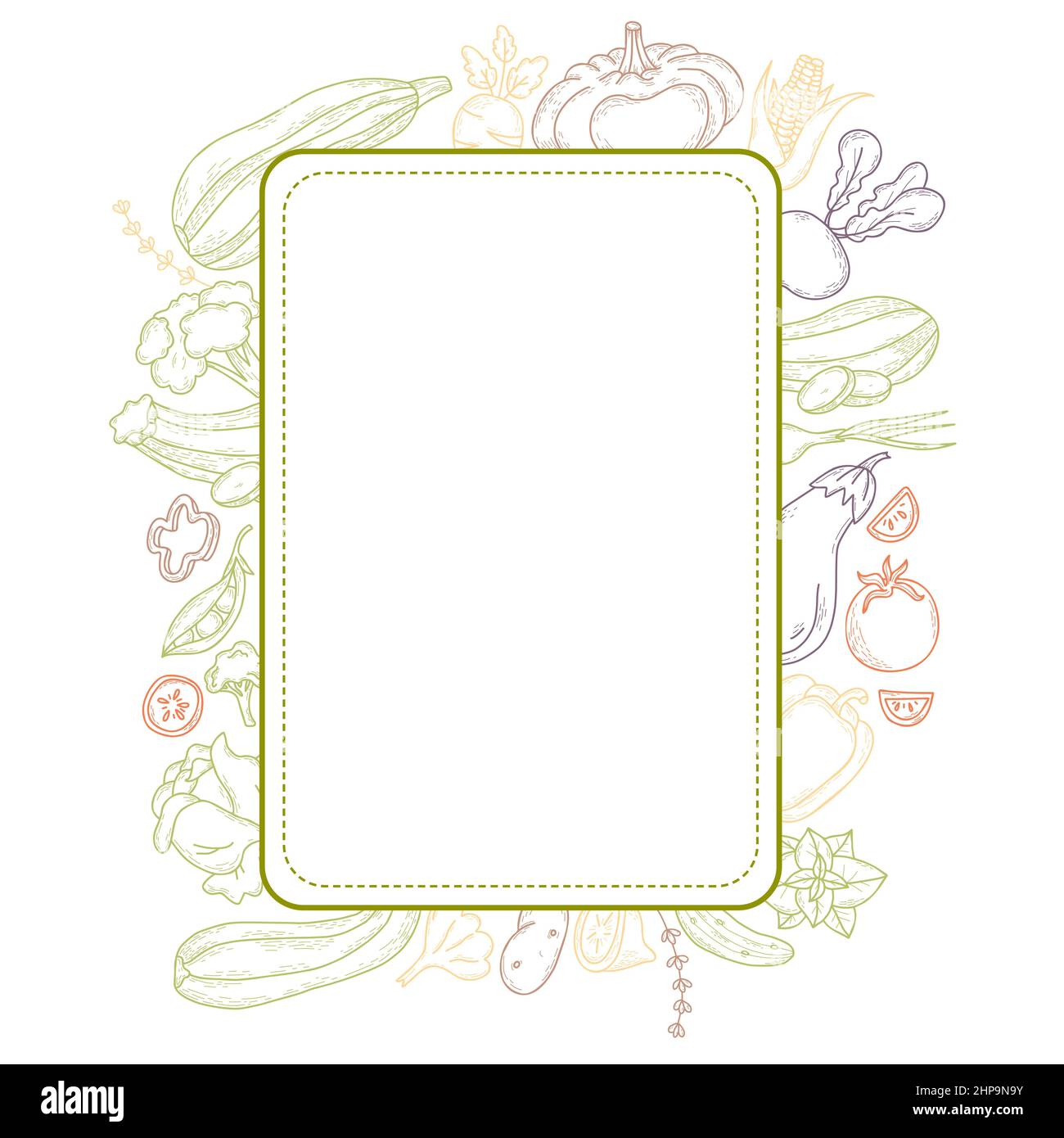 square frame sticker made of linear hand drawn vegetables and root ...