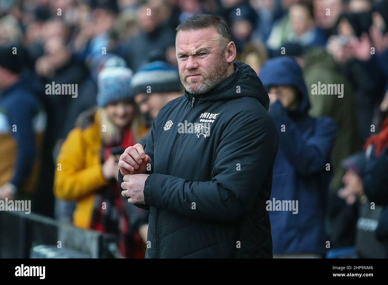 Derby, UK. 19th Feb, 2022. Wayne Rooney manager of Derby County just ...
