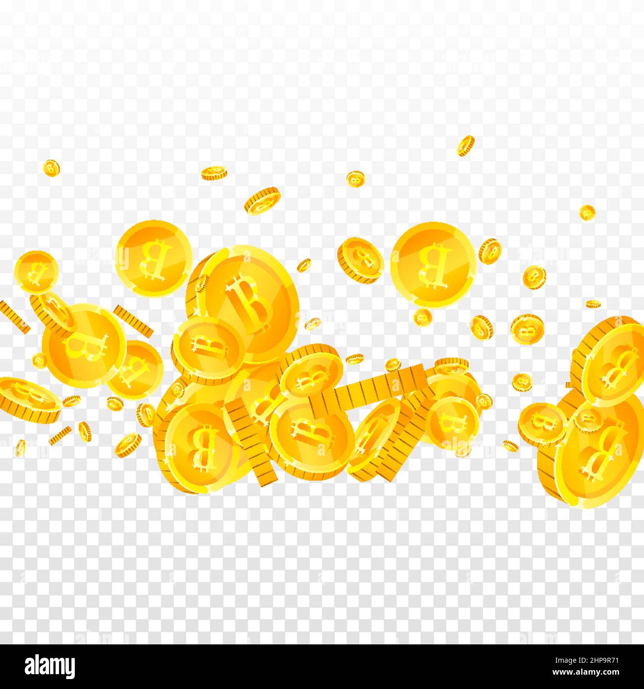 Bitcoin, internet currency coins falling. Exquisite scattered BTC coins ...