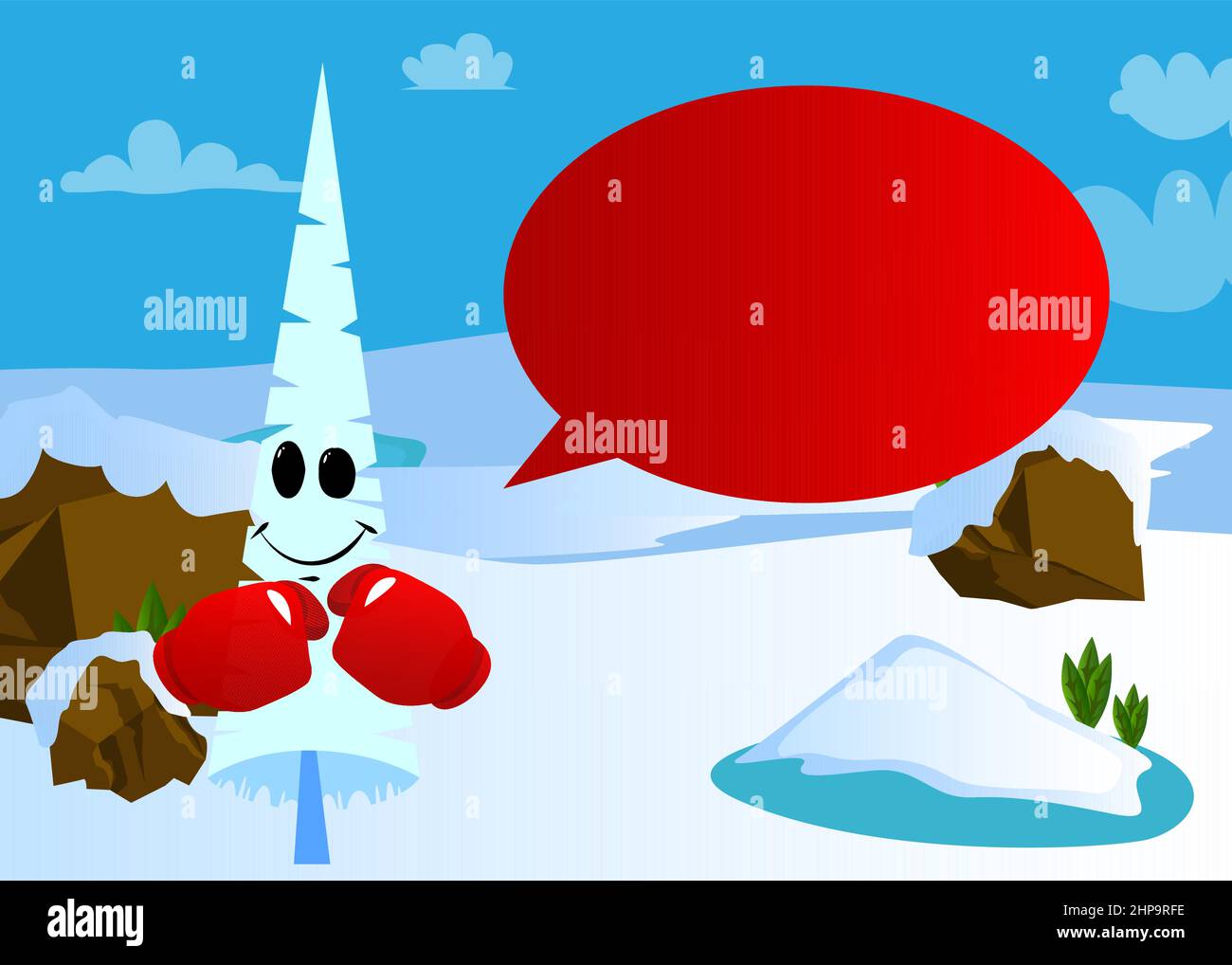 Cartoon winter pine trees with faces holding his fists in front of him ...