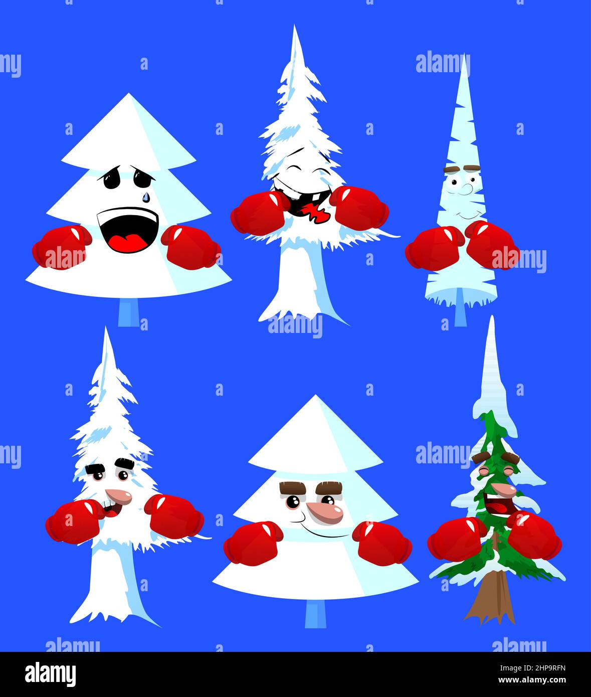 Cartoon winter pine trees with faces holding his fists in front of him ...