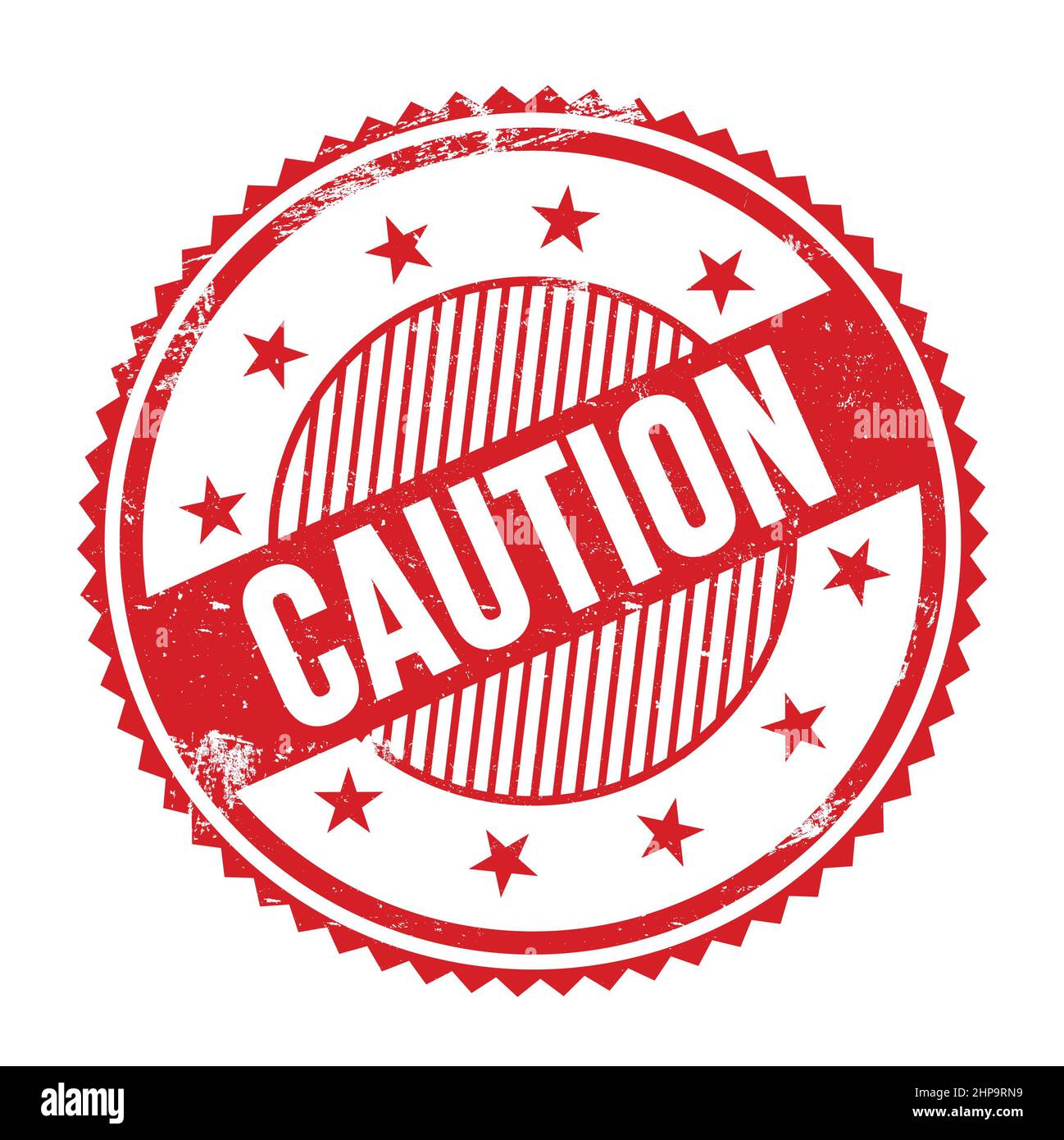 CAUTION text written on red grungy zig zag borders round stamp Stock ...