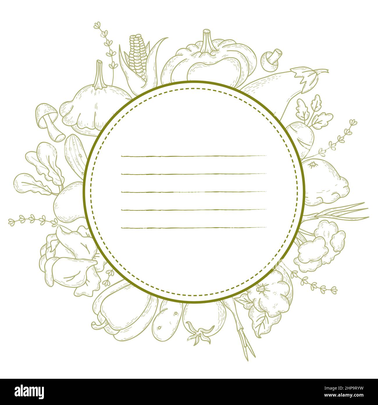 Round frame sticker made of linear hand drawn vegetables and root crops ...