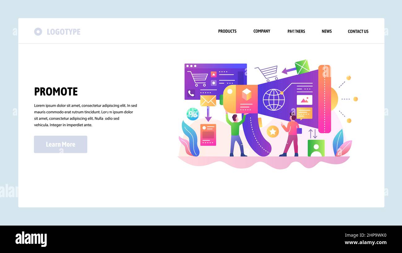 Vector web site design template. Digital marketing and media promotion, megaphone, business ...