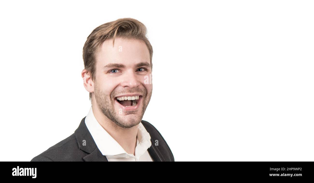 He who wears a smile. Portrait of happy guy. Professional guy smile ...