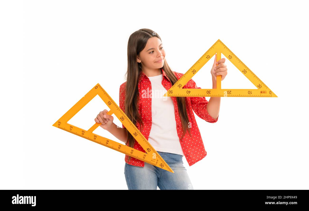 happy child hold triangle ruler study mathematics at school isolated on ...