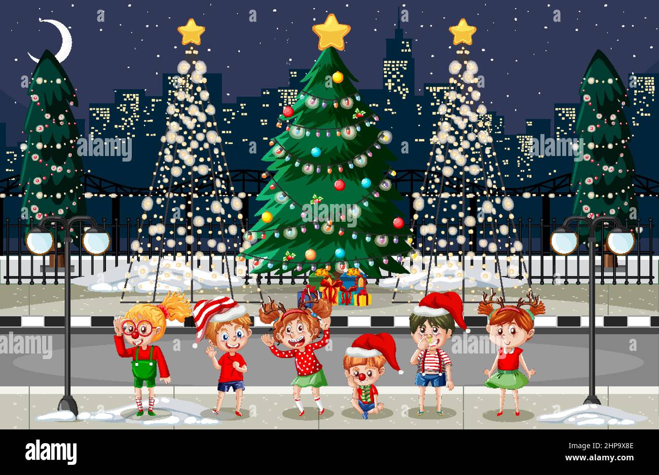 Christmas winter scene with happy children illustration Stock Vector ...