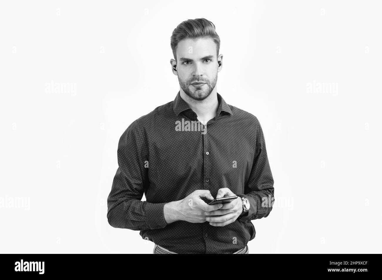 Young unshaven guy listen Black and White Stock Photos & Images - Alamy