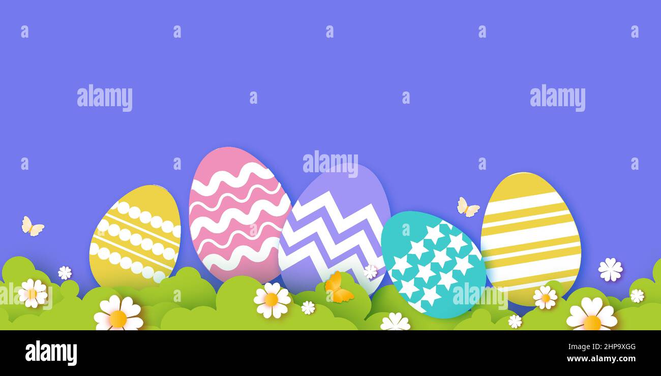 Cute Easter Egg Hunt with colored paper craft eggs. Spring scene for ...