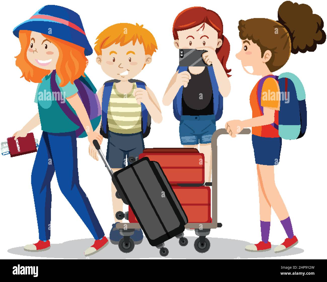 Group of tourists ready to travel on white background illustration ...