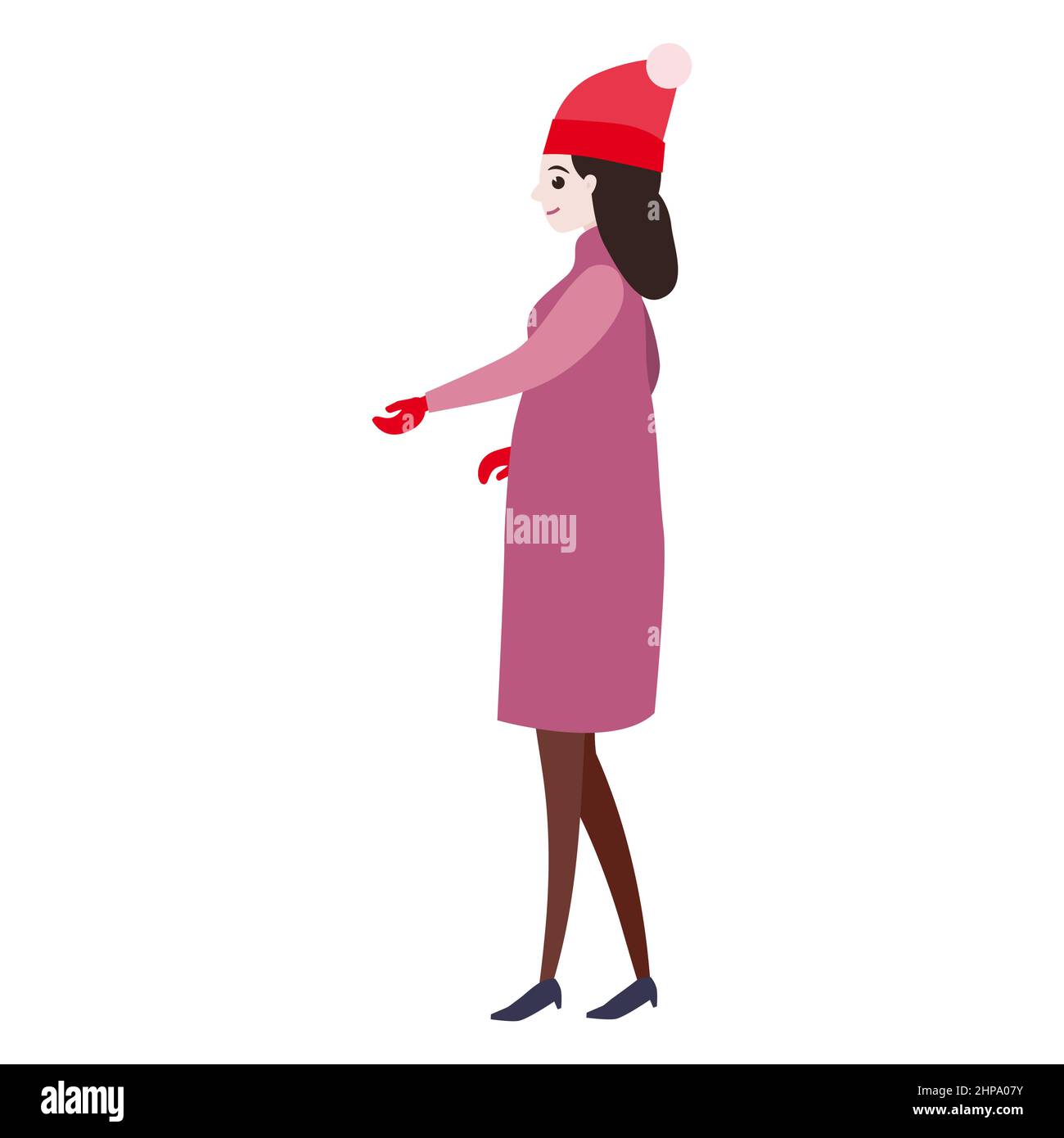 Young Woman winter cold weather clothes, cap, warm coat, boots. Cartoon ...
