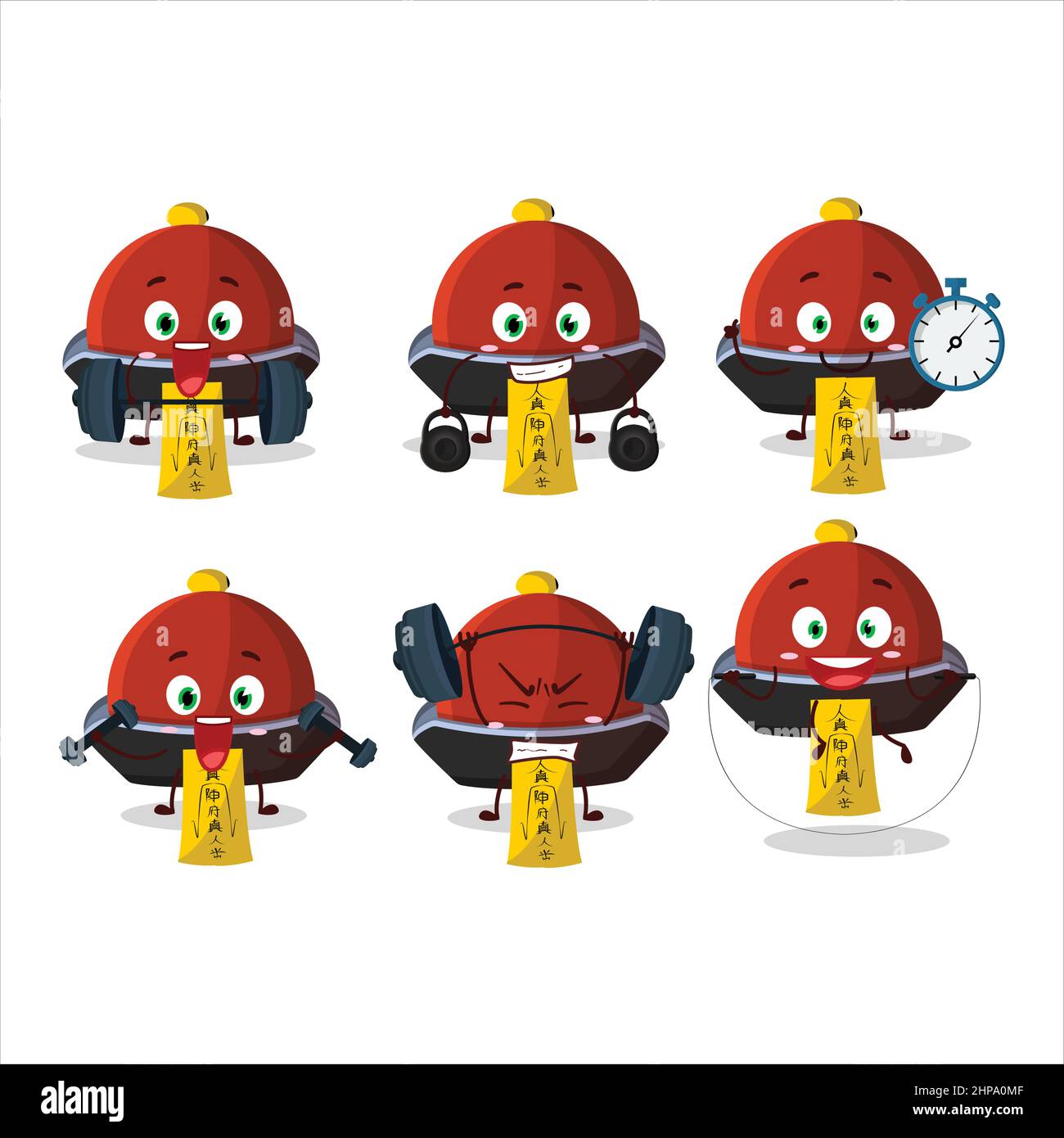 A healthy red vampire hat cartoon style trying some tools on Fitness ...