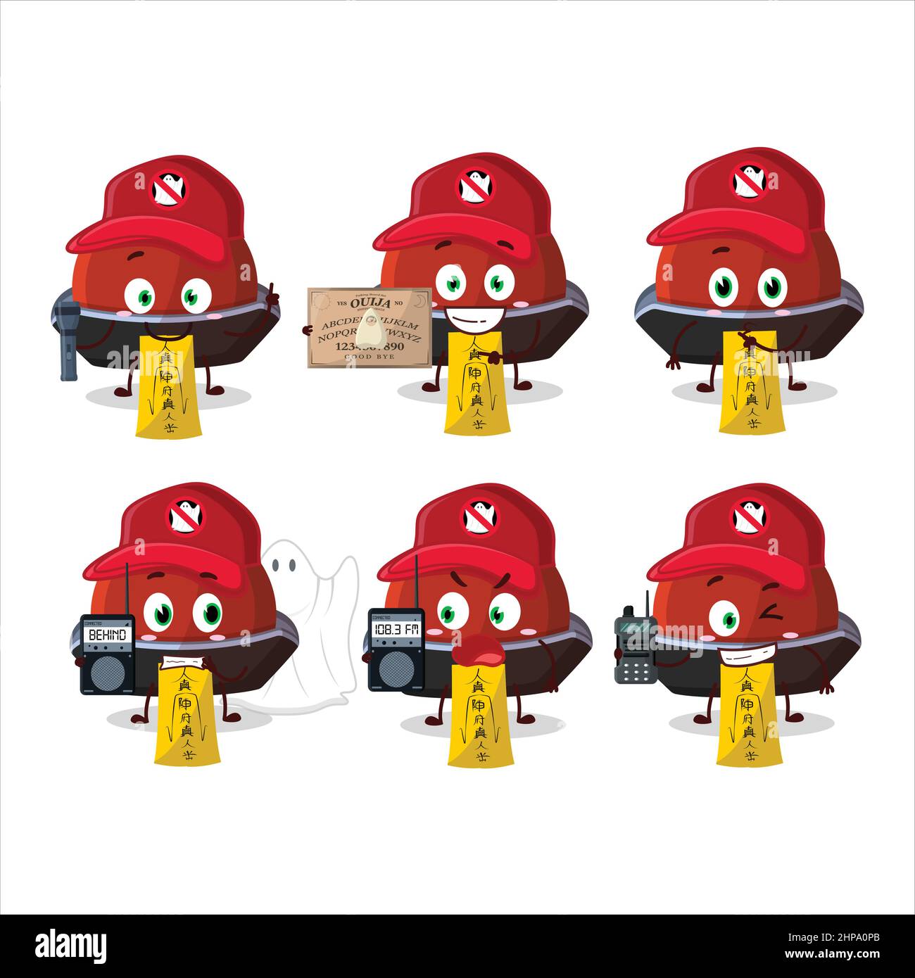 Ghost hunter cartoon red vampire hat character using camera. Vector ...