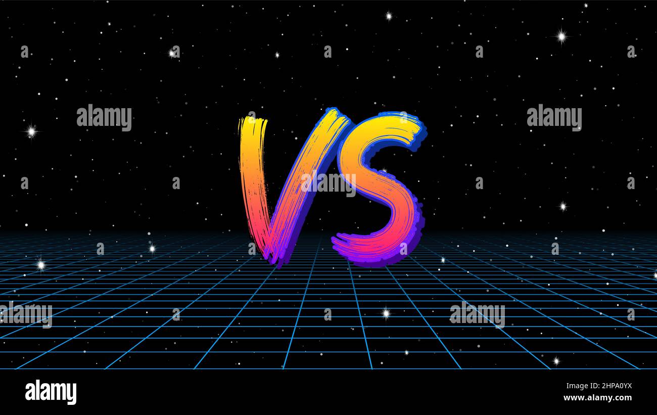 VS sign in 80s game style with synthwave landscape and brush painted ...