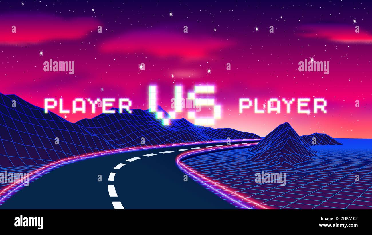 Versus sign with arcade game style with pixel letters over synthwave ...