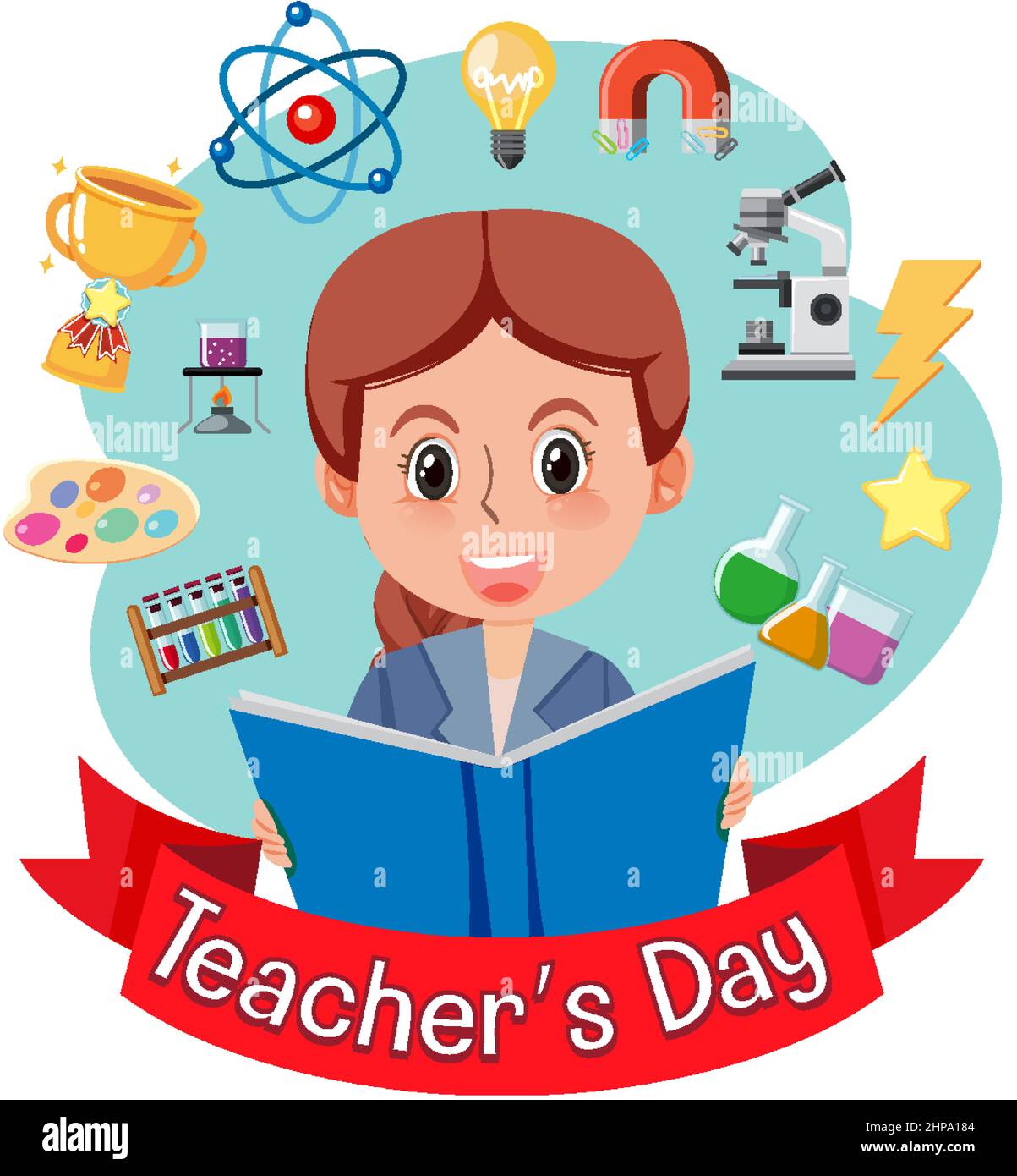 Cartoon portrait of a female teacher with Teacher's Day banner ...