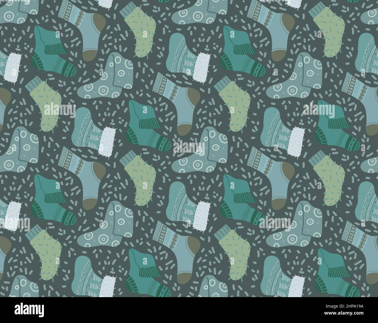 Vector seamless pattern with warm socks in blue and gray colors. Texture with cozy knitted ...