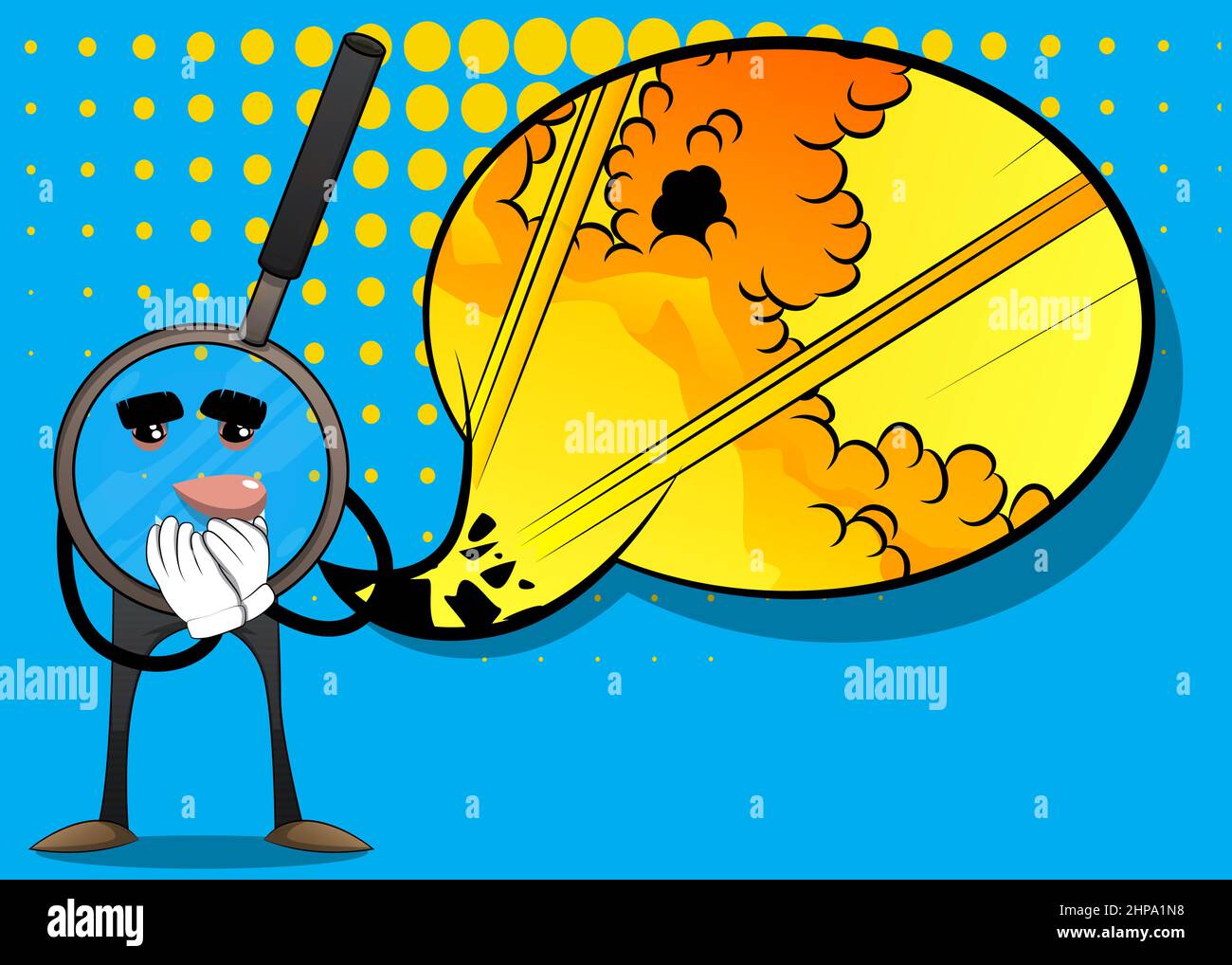 Magnifier with hands over mouth. Cartoon Character science research ...