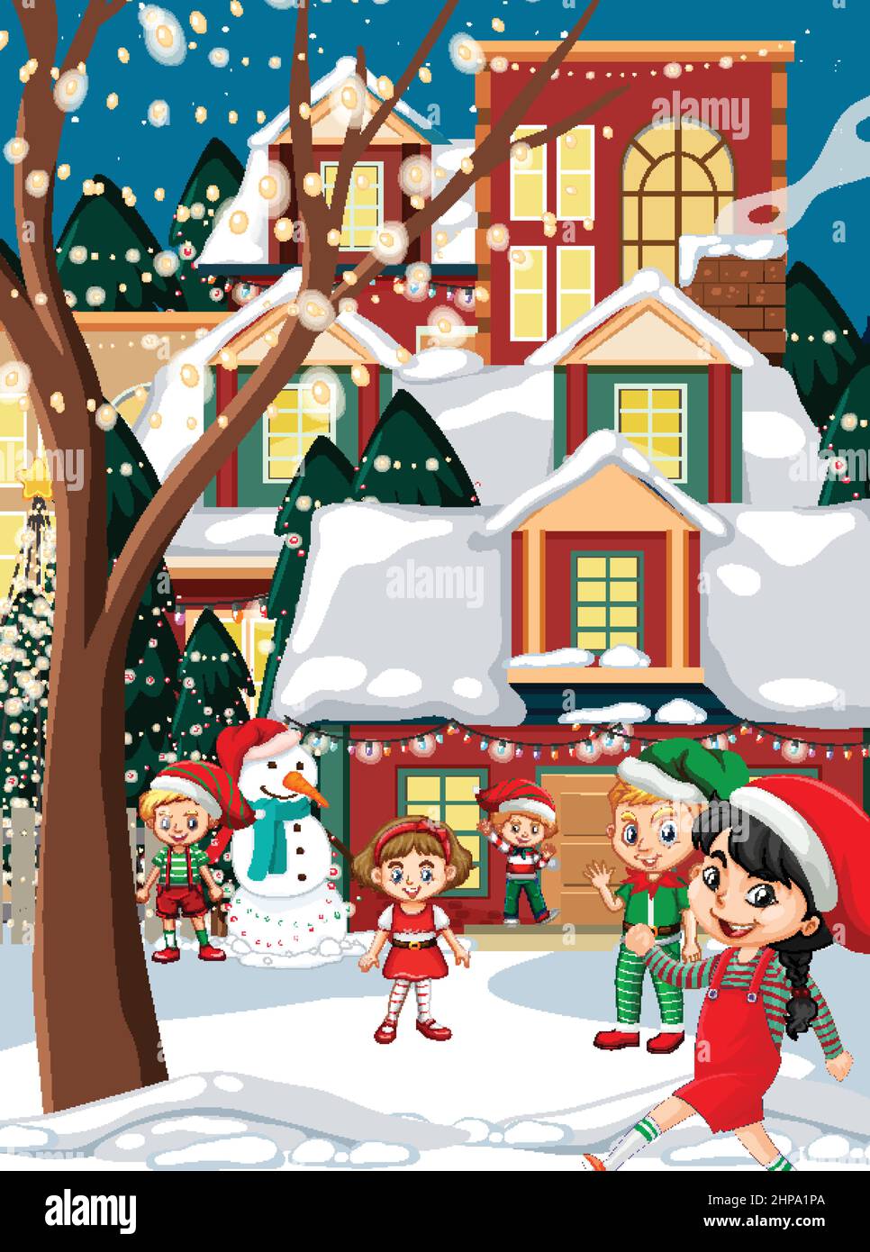 Outdoor scene with children celebrating Christmas illustration Stock ...