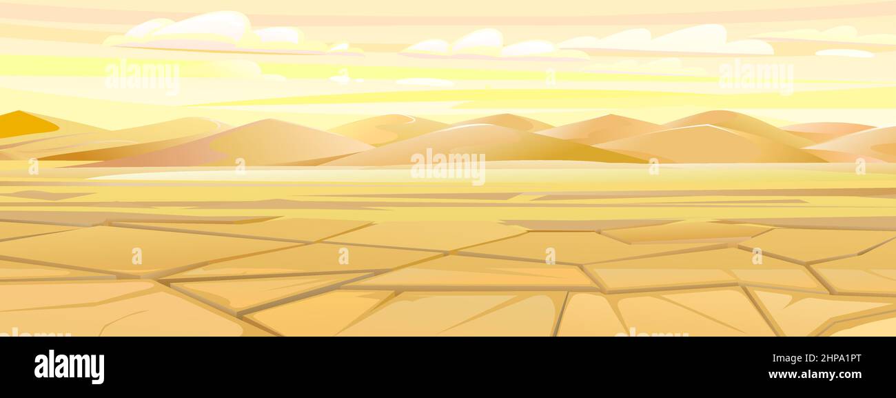 Morning panorama. Drought cracked desert land. Wind turbines generate ...