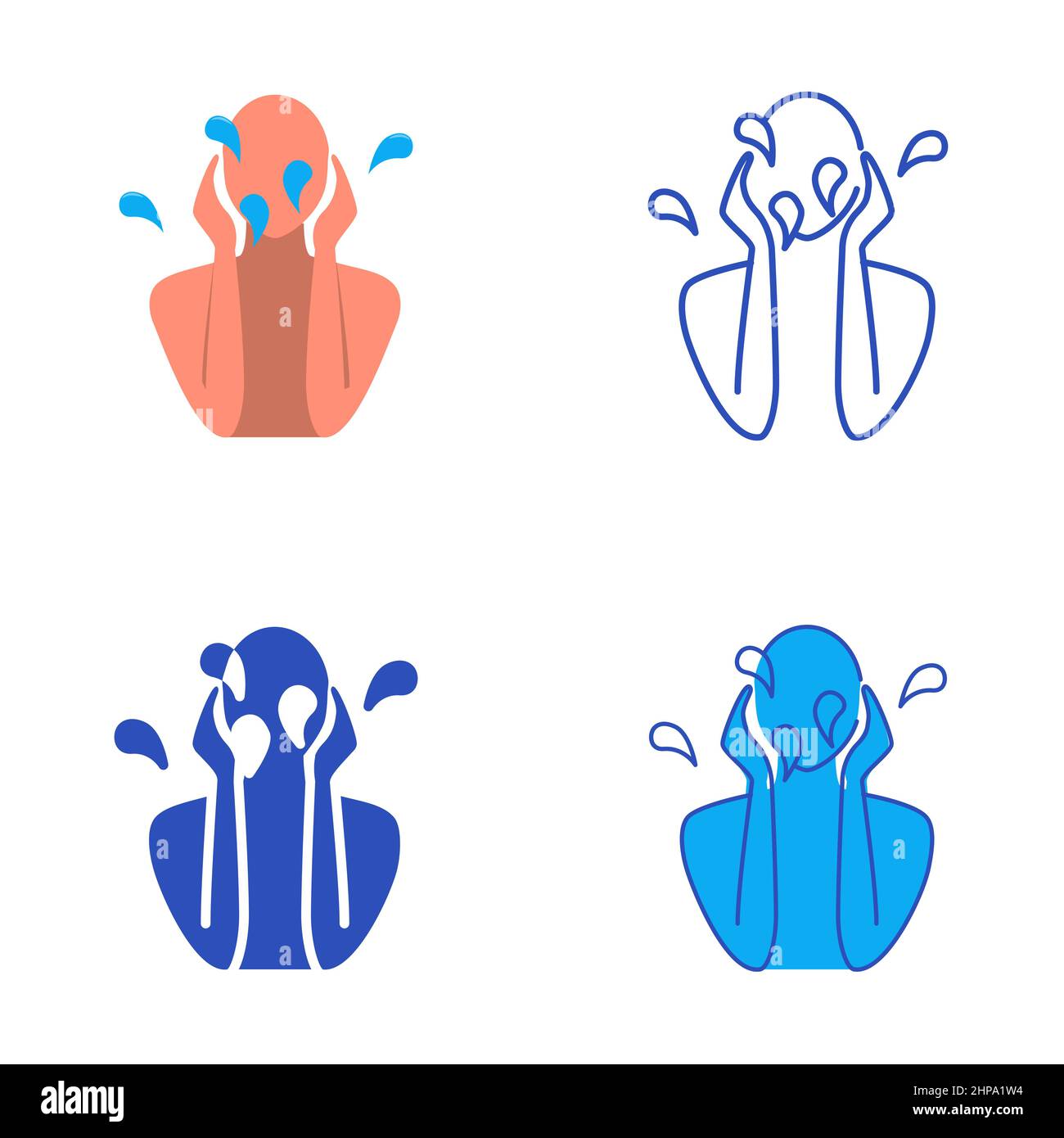 Washing face icon set in flat and line style. Splash water on face ...