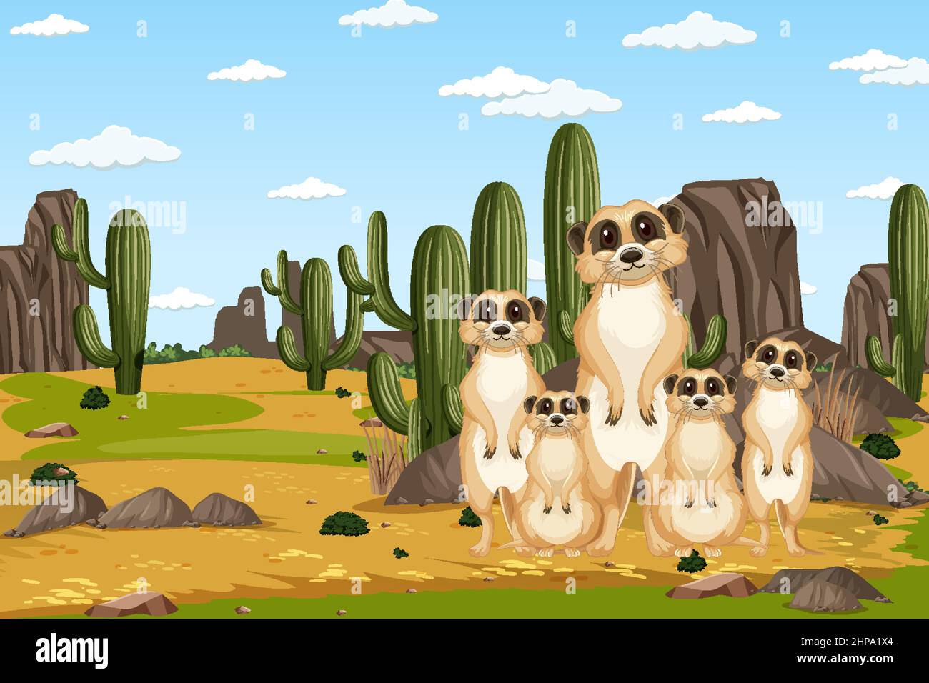 Desert background with a group of meerkats illustration Stock Vector ...
